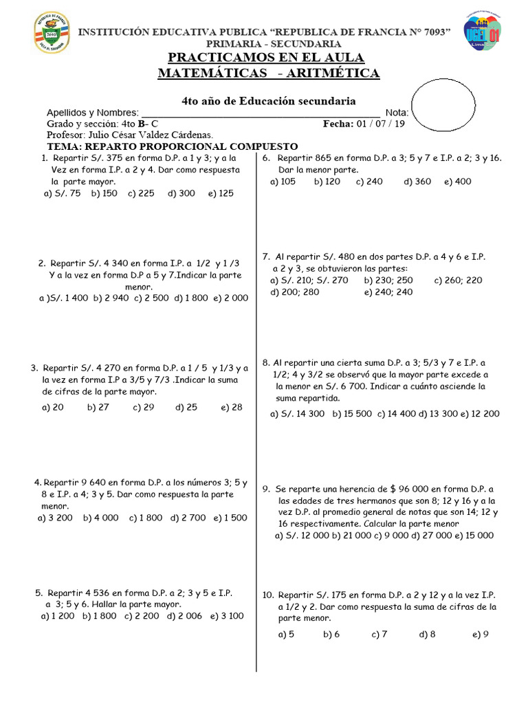 Ejercicios de Reparto Proporcional Compuesto | PDF | Estudios de ...
