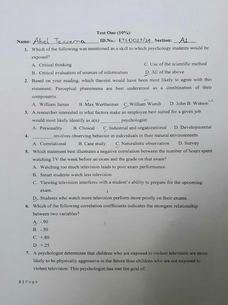 Psychology Mid-Term Exam 1 (Chapter 1) | PDF