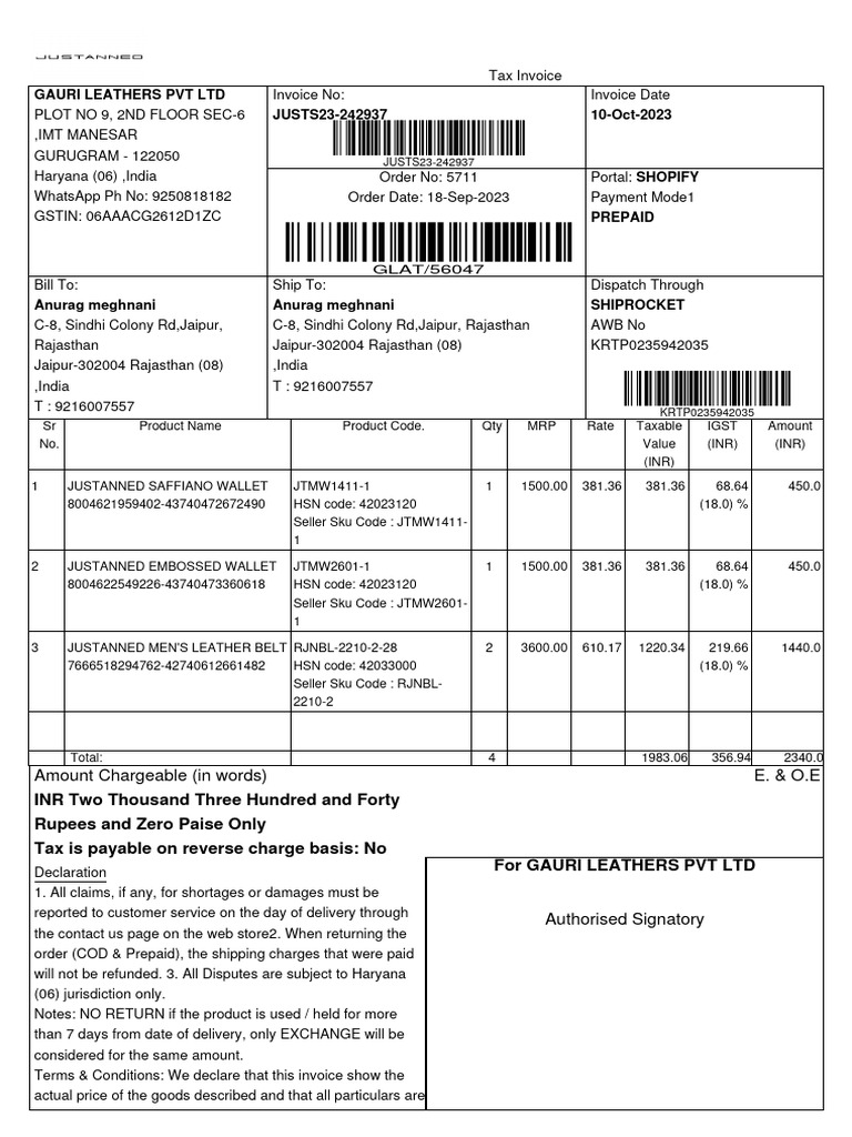 Invoice Shipment GLAT 56047 Order 5711 | PDF | Invoice | Money
