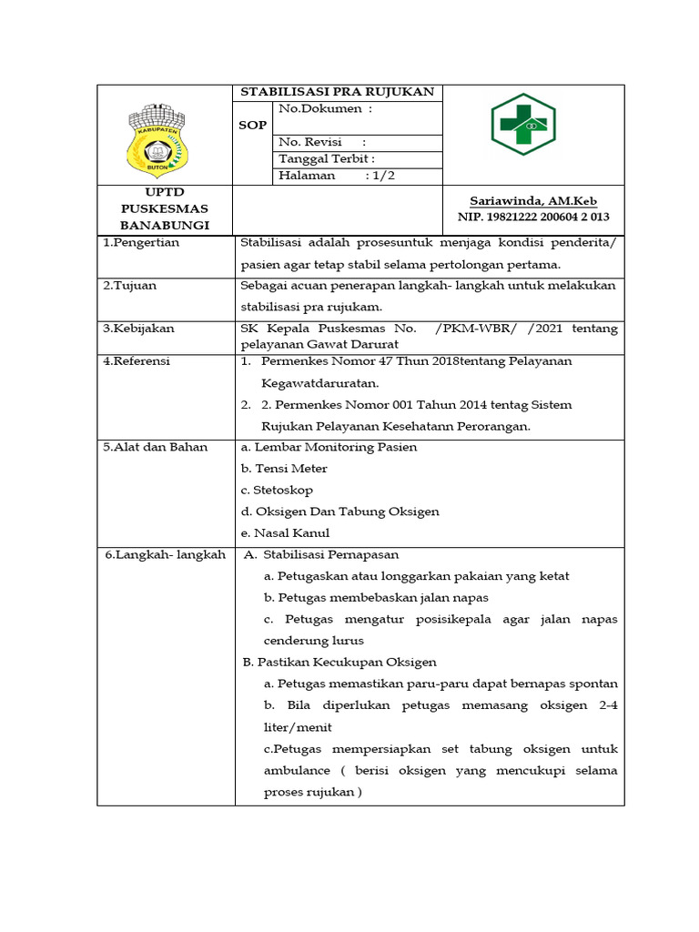 Sop Stabilalisasi Pra Rujukan | PDF