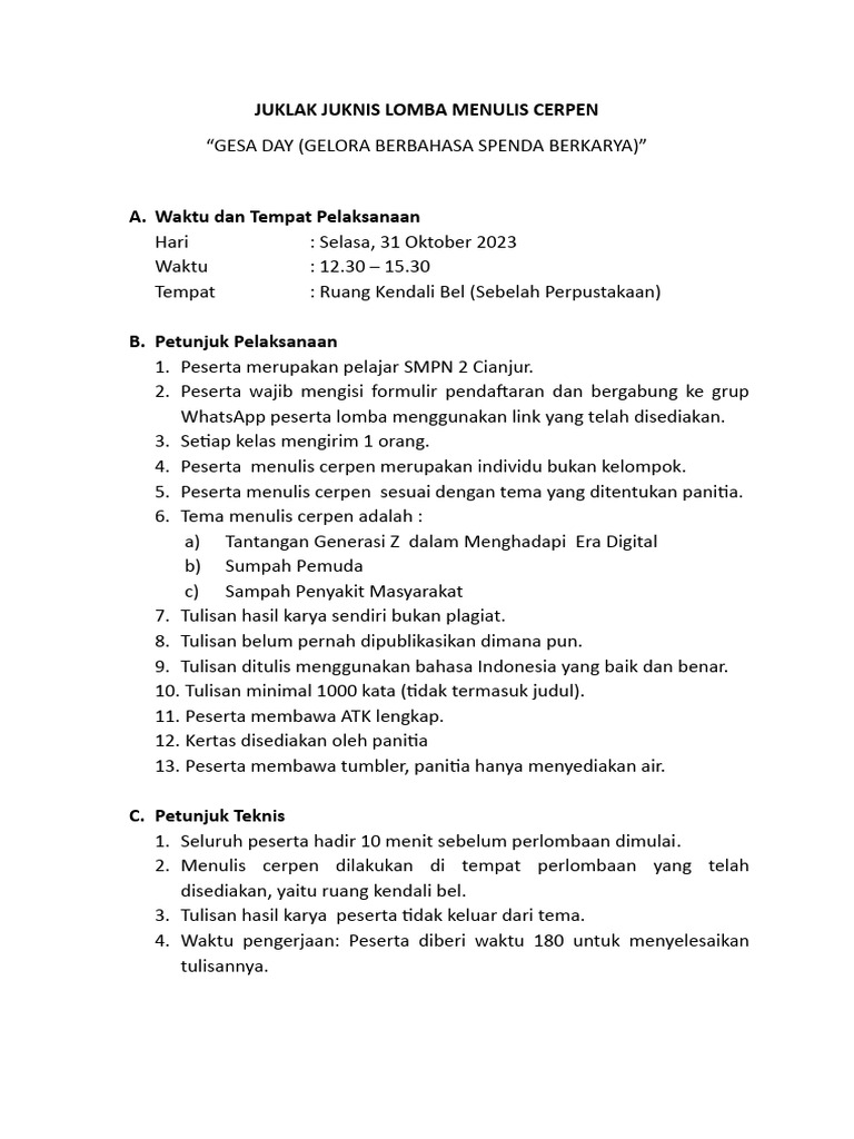 Juklak Juknis Lomba Menulis Cerpen - 2023 | PDF | Seni