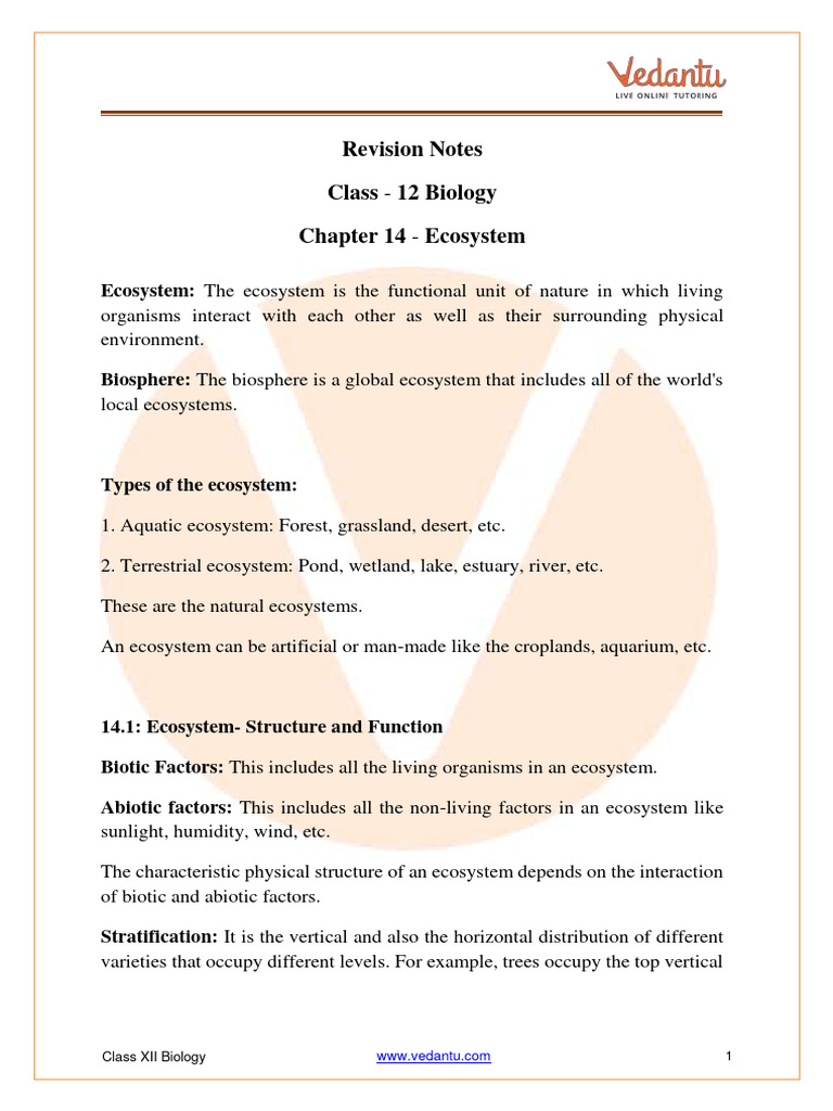 Ecosystem Class 12 Notes CBSE Biology Chapter 14 (PDF) | PDF | Primary ...