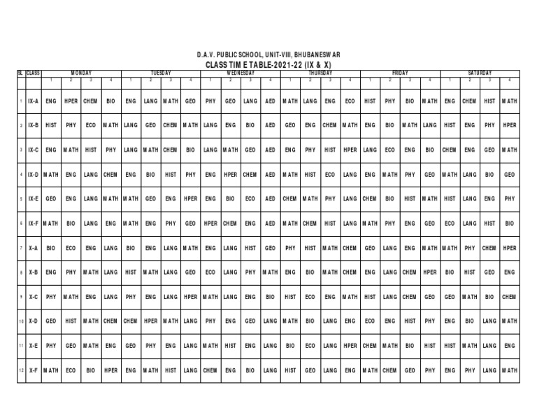 CLASS TIME TABLE-2021-22 (IX & X) : D.A.V. Public School, Unit-Viii ...
