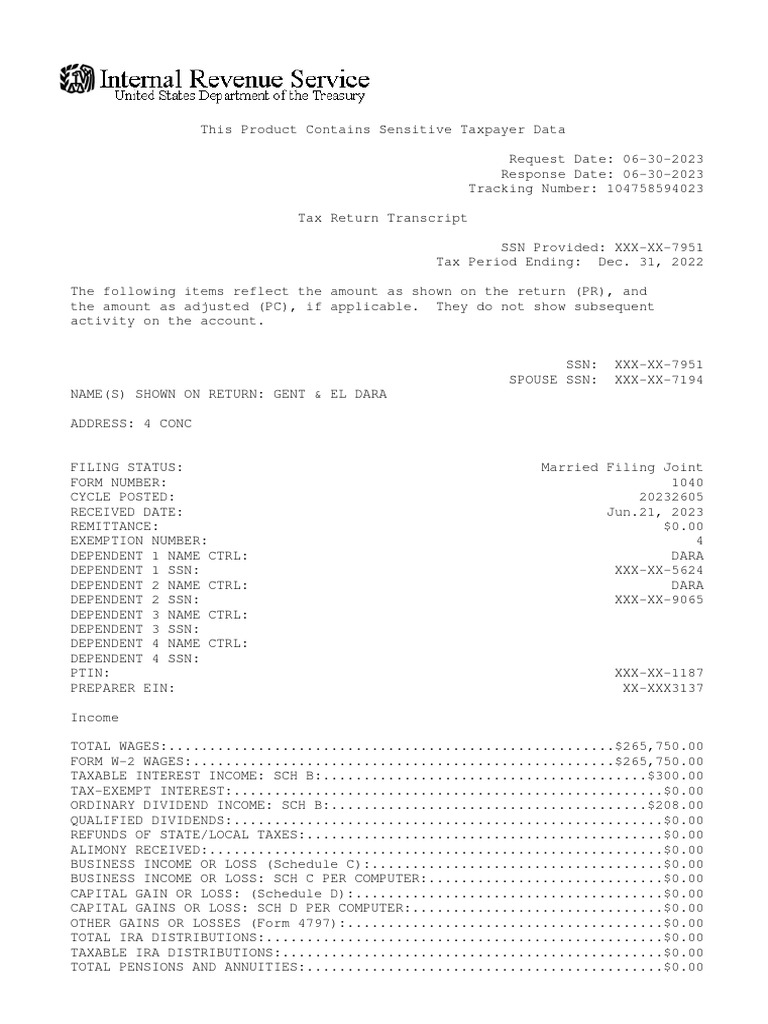 Tax Return Transcript Summary 2022 | PDF | Income Tax In The United ...