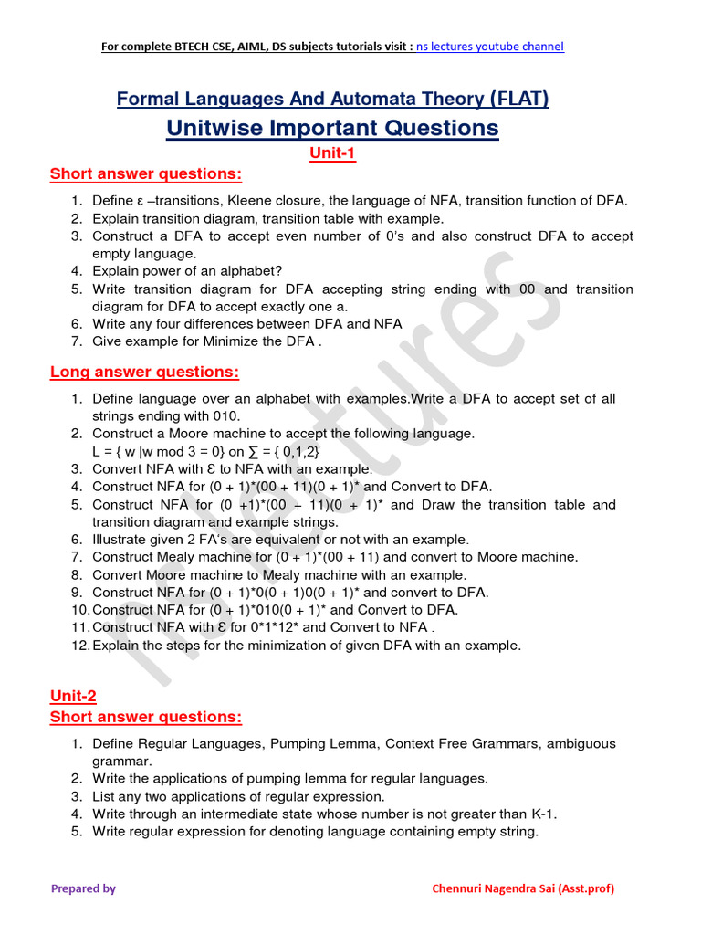 FLAT Unitwise Imp Questions | PDF | Regular Expression | Syntax