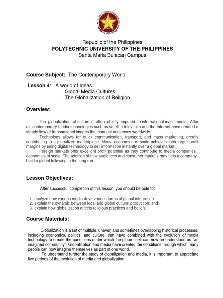 Lesson 4 The Contemporary World | PDF | Mass Media | Globalization