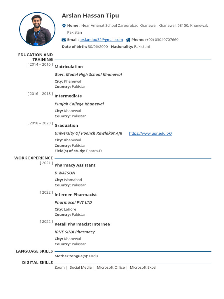 Arslan CV.B | PDF | Pharmacy | Pakistan