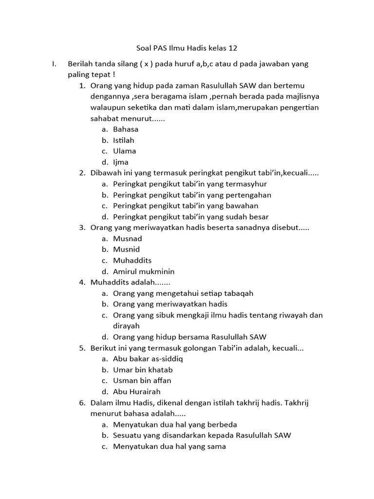 Soal Pas Ganjil Ilmu Hadis Kelas 12 2020 | PDF