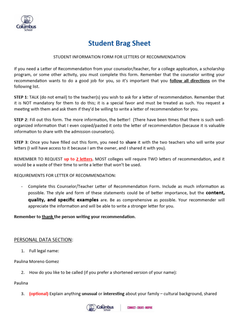 Student Brag Sheet for Recommendations | PDF | Show Jumping