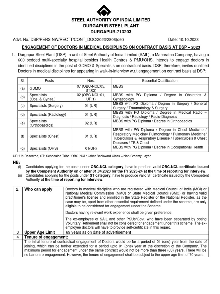 DSP Cont. Doctor Advt-Detailed - 2023 | PDF | Pulmonology | Medicine