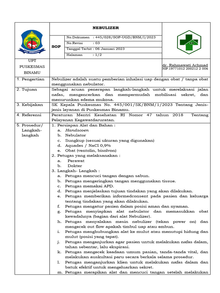 SOP Penggunaan Nebulizer di Puskesmas | PDF