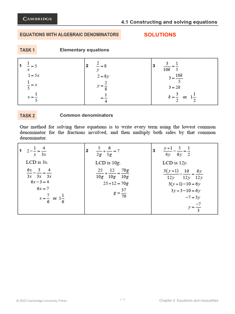 Equations With Algebraic Denominators SOLUTIONS | PDF | Equations ...