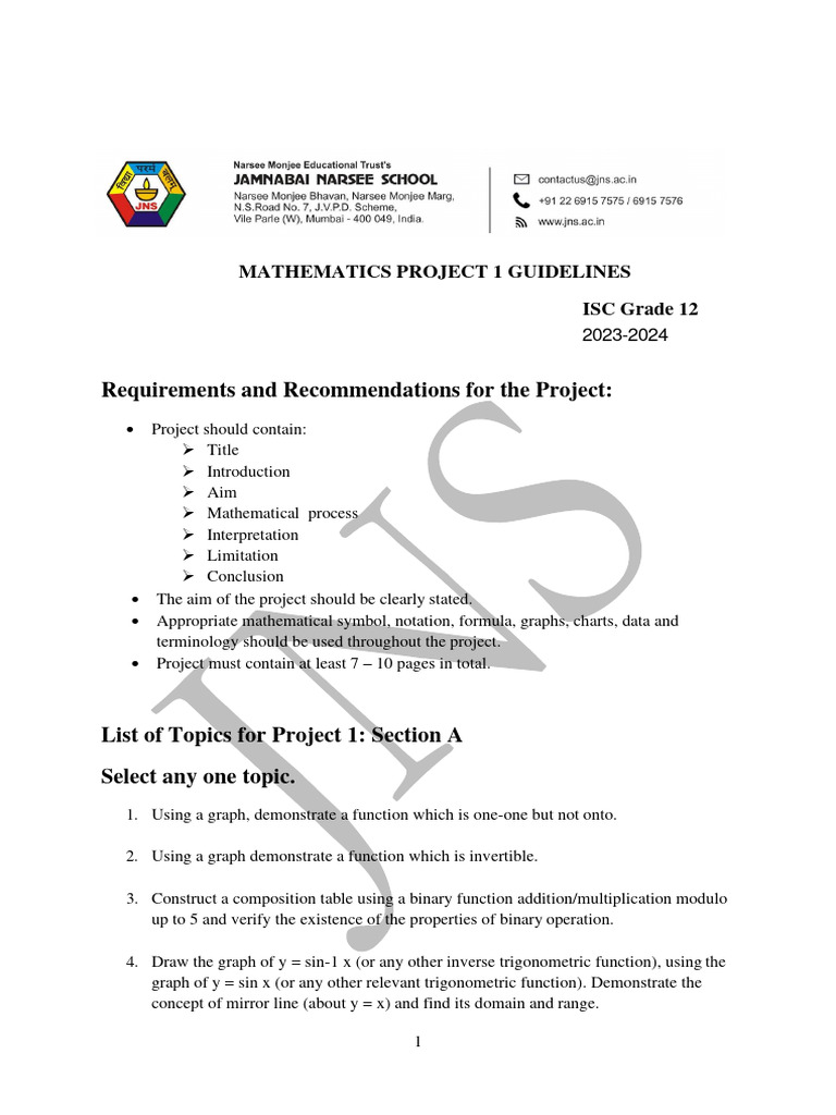 Grade 12 Mathematics Board Project 1 Details 2023-2024 | Download Free ...
