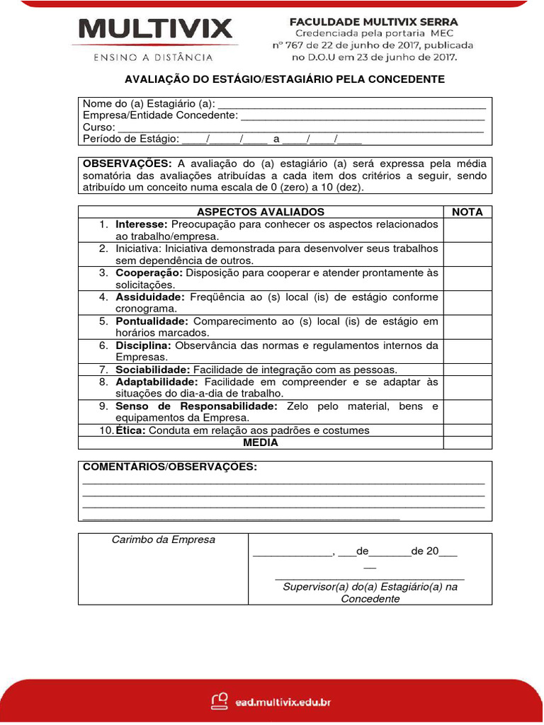 Modelo de Avaliação Do Estágio Pela Concedente | PDF