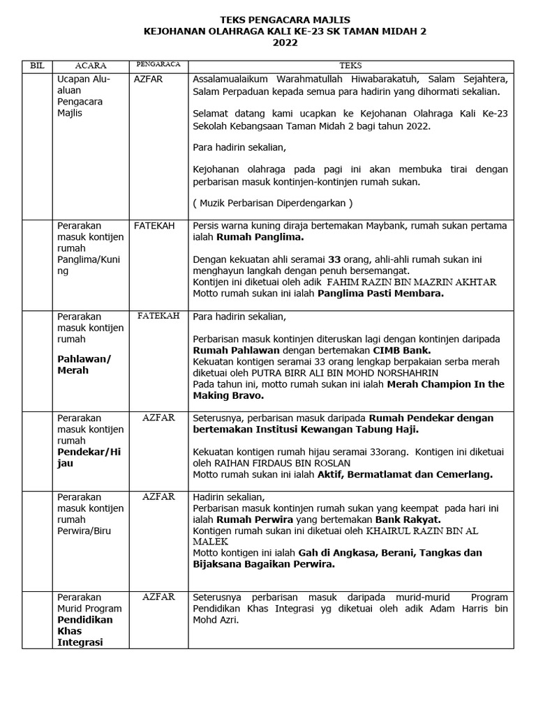 Teks MC Kejohanan Sukan | PDF
