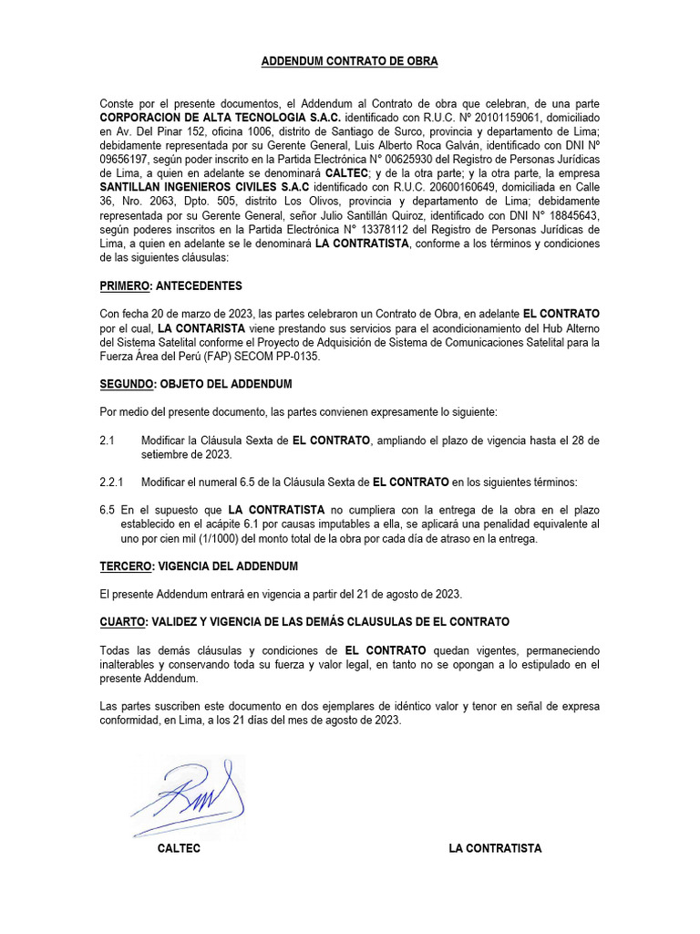 Addendum Contrato de Obra CALTEC - SANTILLAN INGENIEROS CIVILES SAC Rev. 1 | PDF | Lima