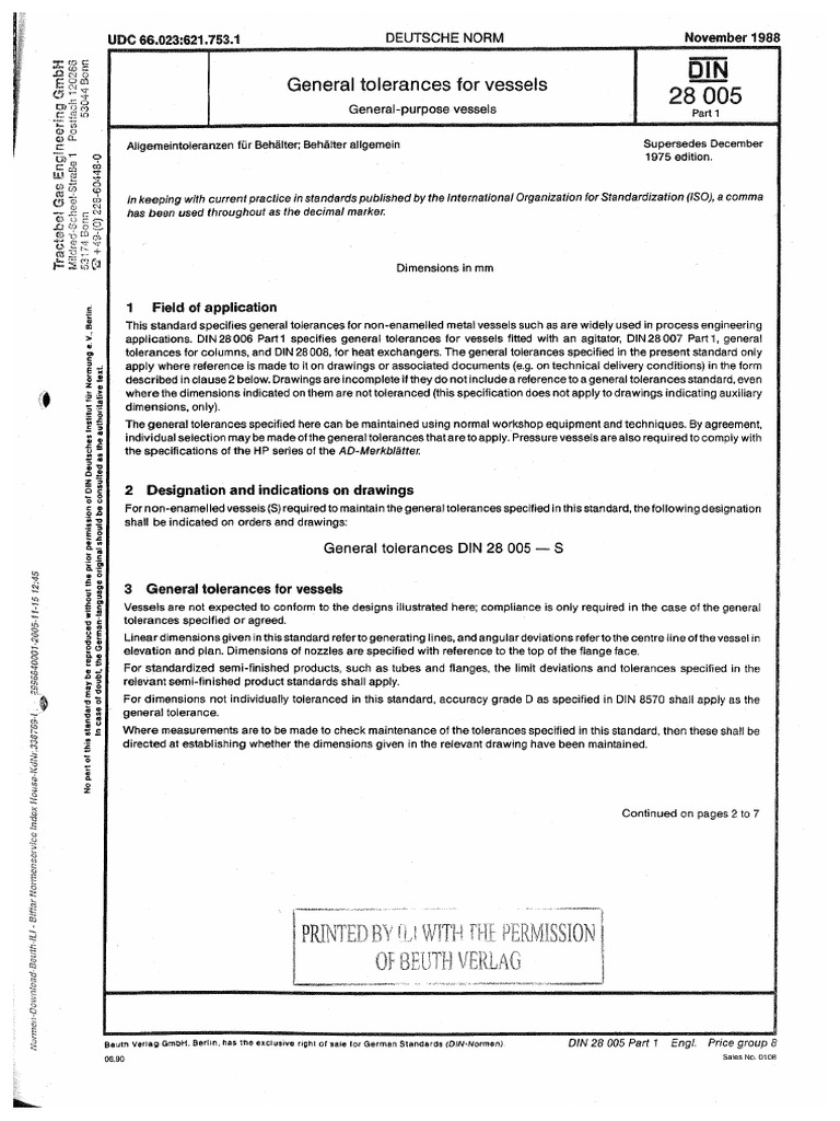 DIN 28005-1 Ed.1988 General Tolerances For Vessels | PDF