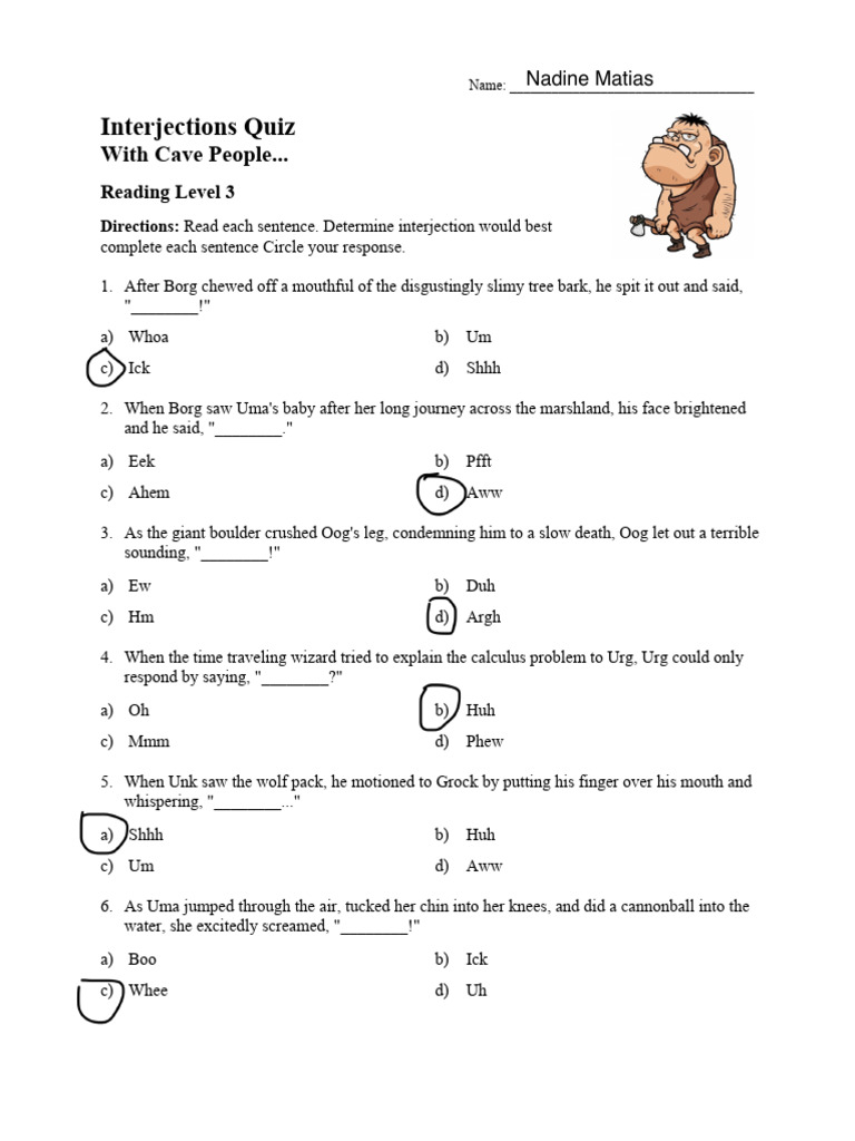 Interjections Quiz for Grade 3 | PDF