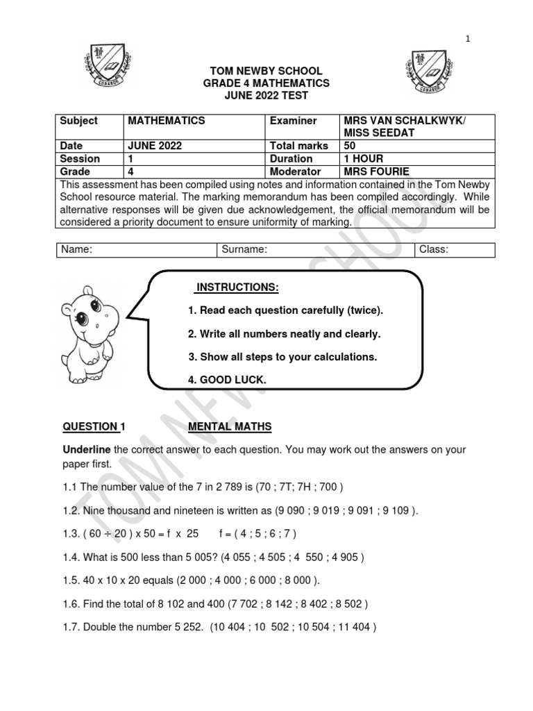 Grade 4 Math Test June 2022 | PDF | Mathematics