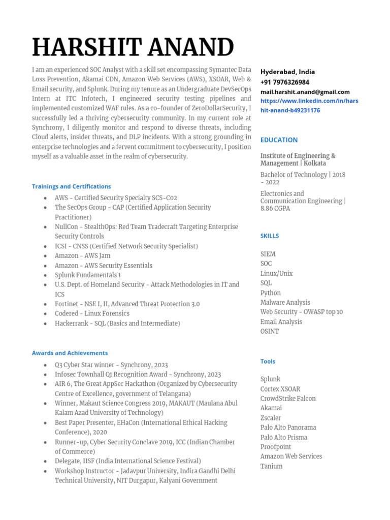 Resume - Harshit - Anand | Download Free PDF | Security | Computer Security
