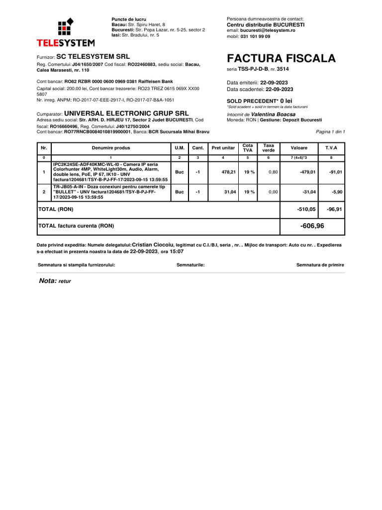 Factura Fiscala: SC Telesystem SRL | PDF