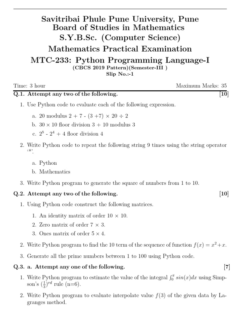 Mtc 233 Python Programing Language I Slips Semester Iii Pdf Matrix Mathematics
