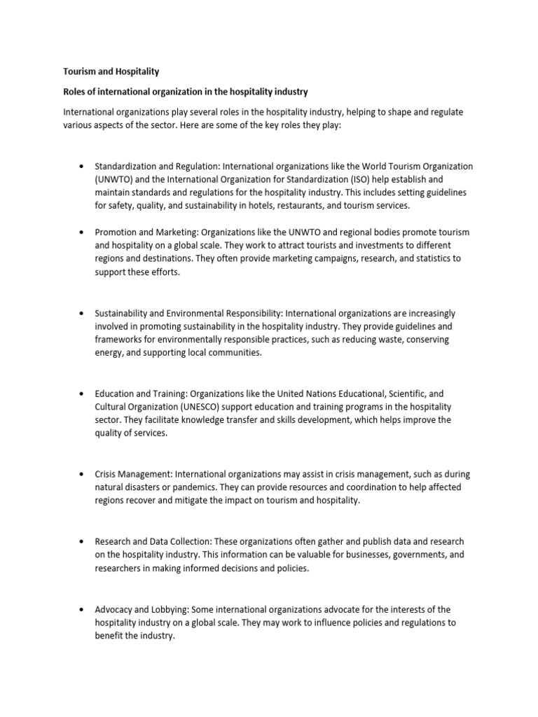 Roles of International Organizations in Hospitality | PDF