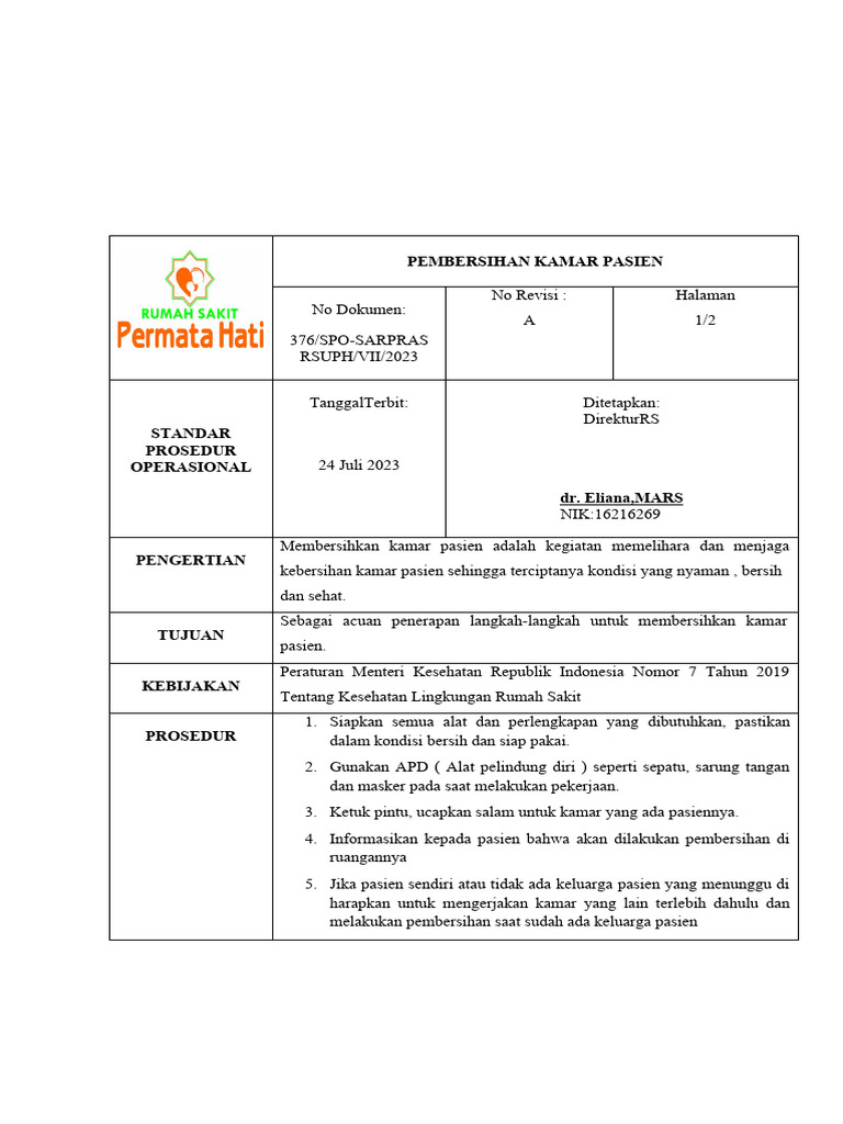Spo Pembersihan Kamar Pasien | PDF