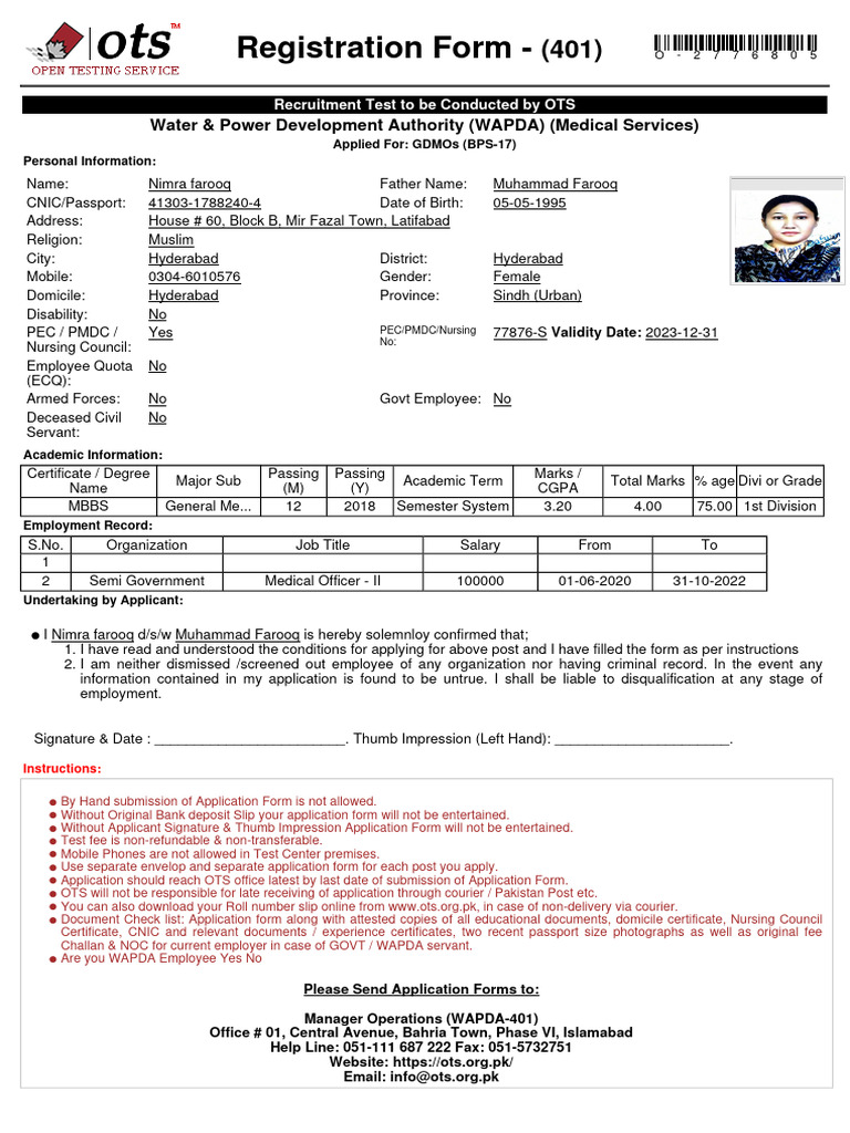 Registration Form - : Water & Power Development Authority (WAPDA ...