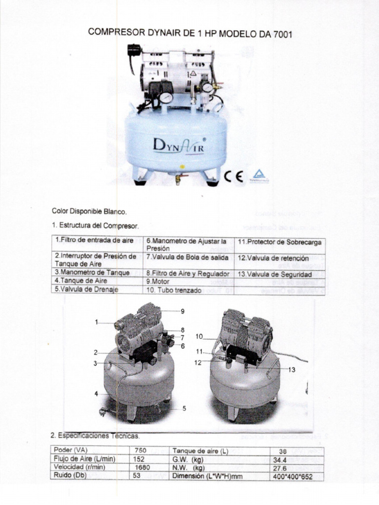 Compresor 1 HP - 2 Pistones Silencioso Ref - Da7001 - Dynair | PDF