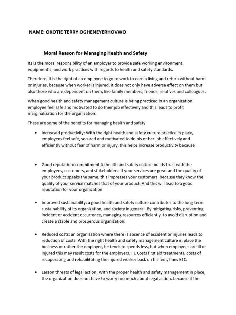 Moral Reason For Managing Health and Safety ASSIGNMENT | PDF ... Moral Reason For Managing Health and Safety ASSIGNMENT | PDF ...
