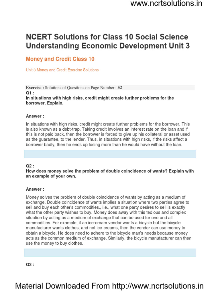 NCERT Solutions For Class 10 Social Science Understanding Economic Development Unit 3 | PDF ...