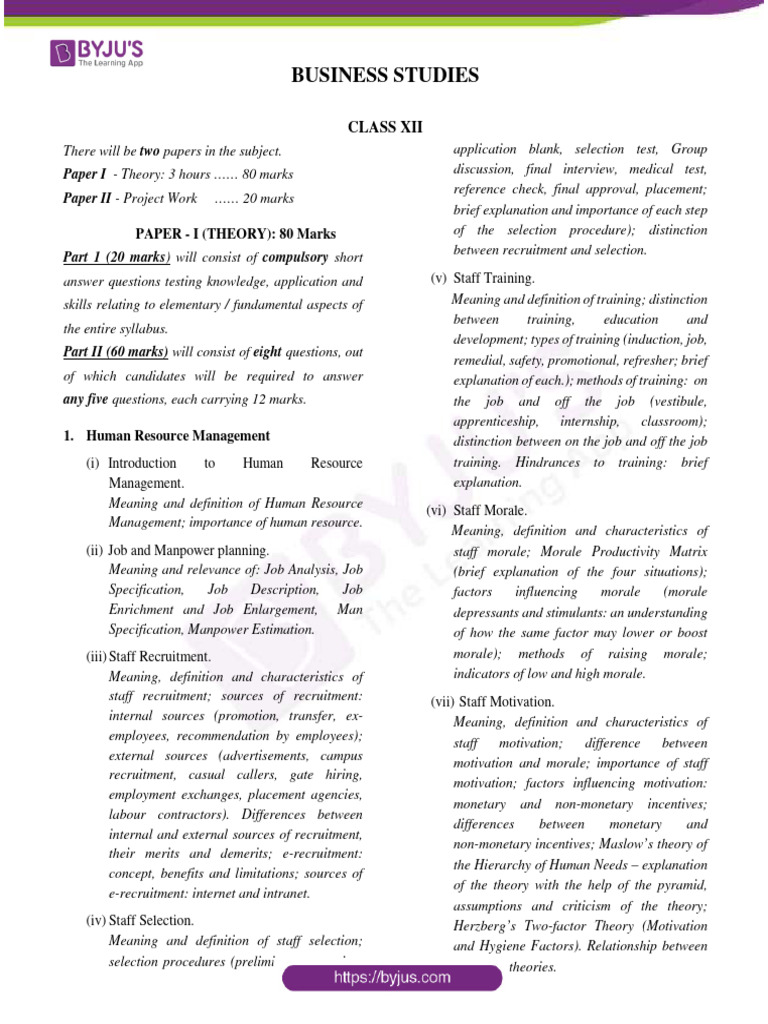 ISC Board Class 12 Business Studies Syllabus | PDF | Motivation | Motivational