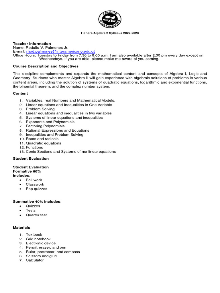 Honors Algebra 2 Syllabus 2022-2023 | PDF | Equations | Algebra