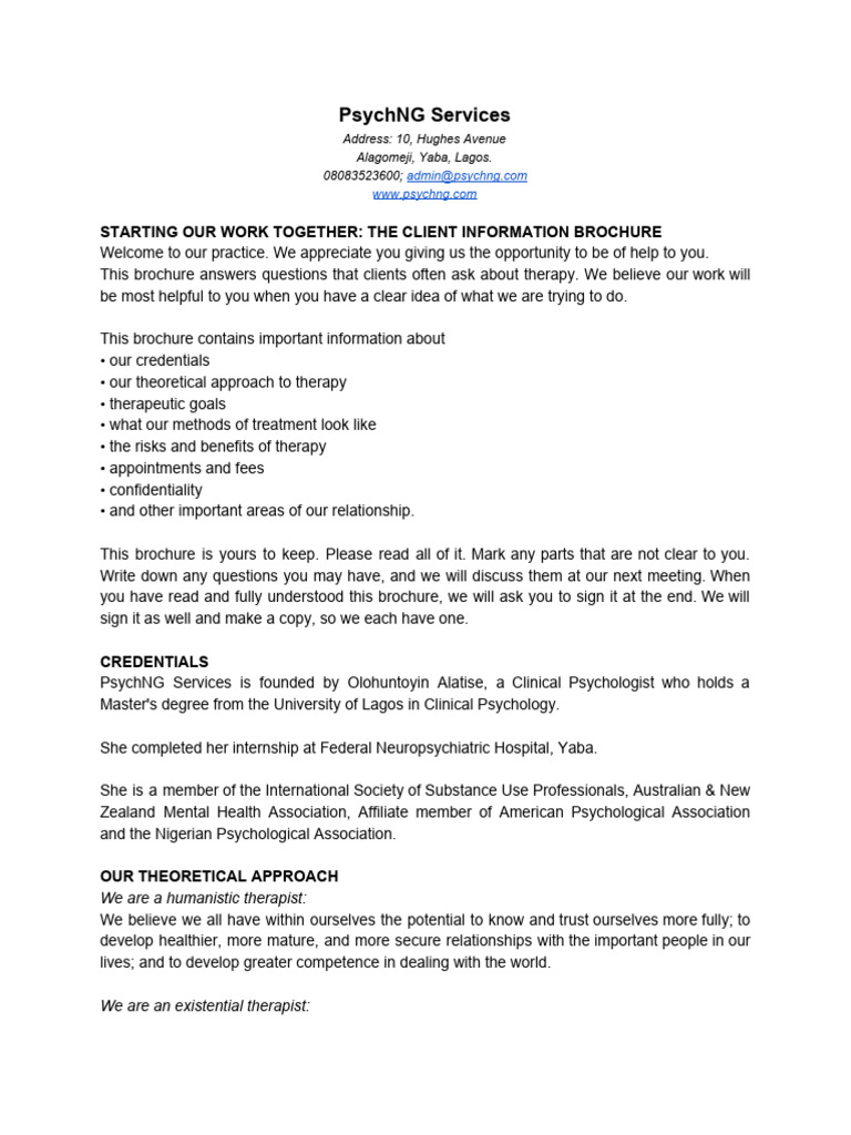 Client Therapy Brochure | PDF | Psychotherapy | Cognitive Behavioral ...