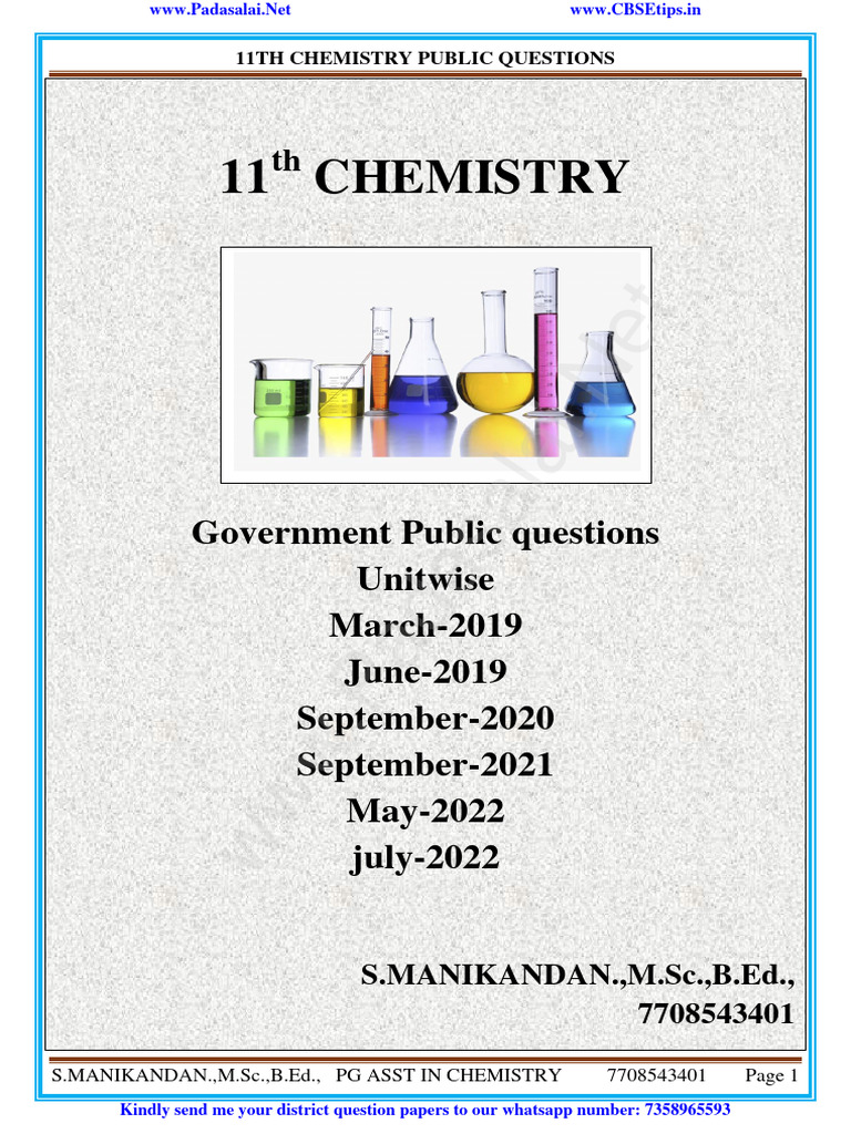 11th Chemistry EM Unit Wise 6 Public Exam Question Papers English Medium PDF Download 1 | PDF ...