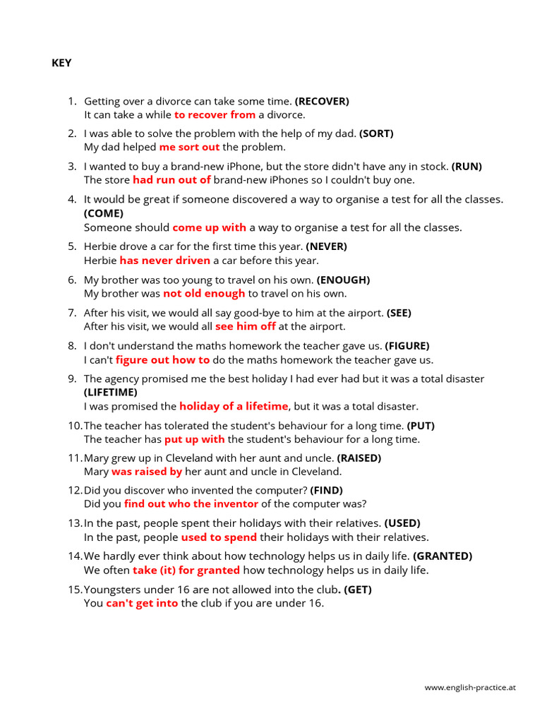 ANSWERS Key Word Transformation - PDF Vocabulary Worksheet - B2 ...
