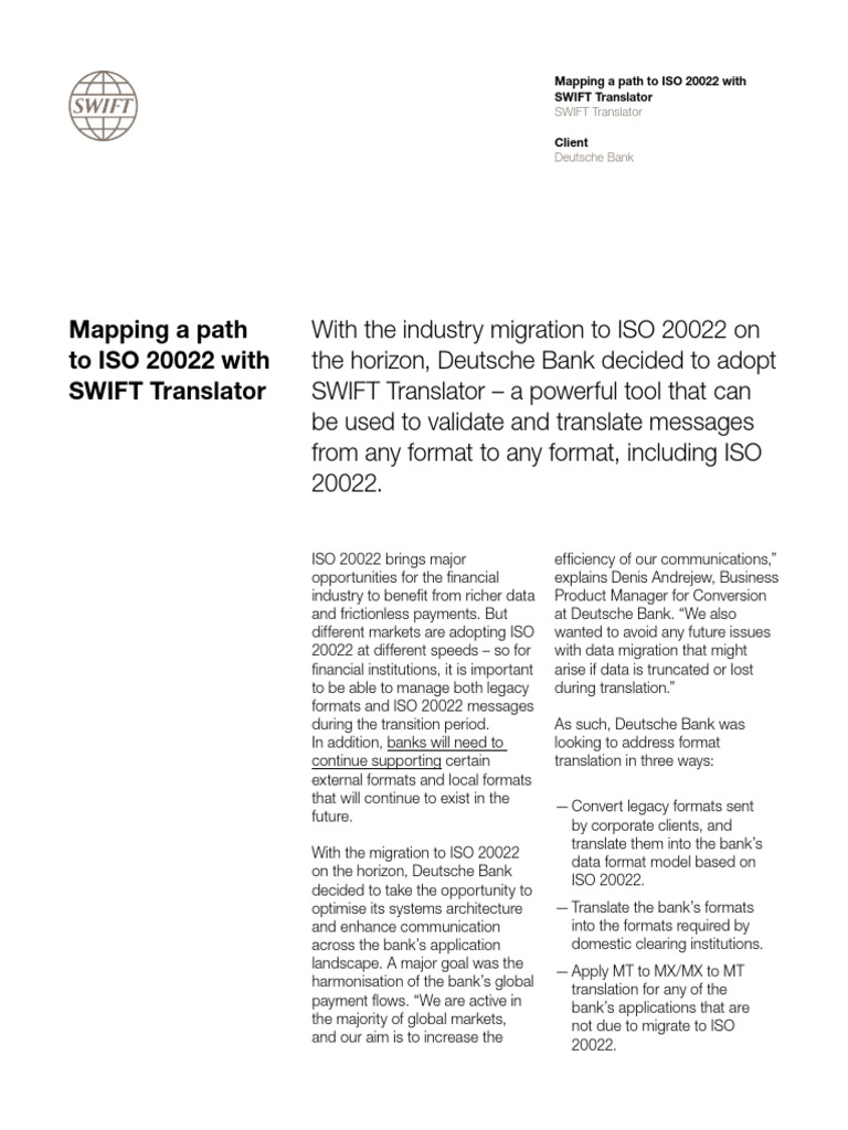 Swift Case Study Mapping A Path To Iso 20022 With Swift Translator Jan2022 | Download Free PDF ...