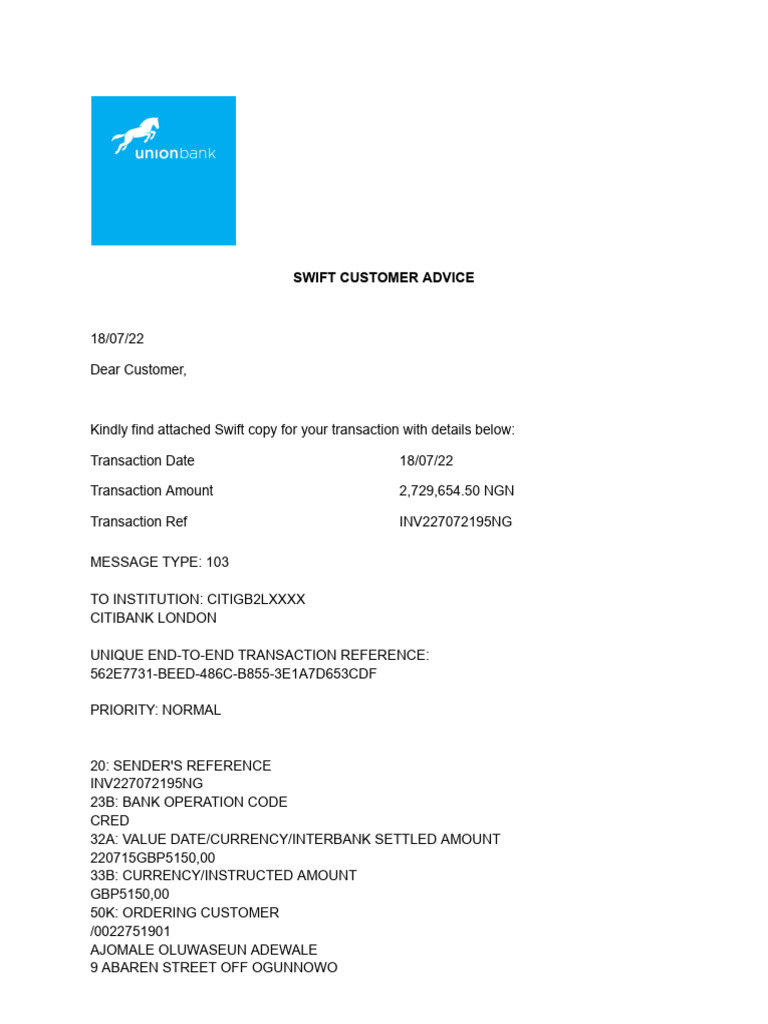 SWIFT Transaction Advice 18/07/22 | PDF | Business