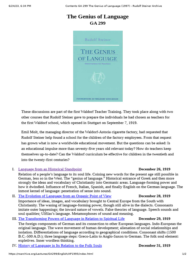 Rudolf Steiner - The Genius of Language GA 299 | PDF | Waldorf ...