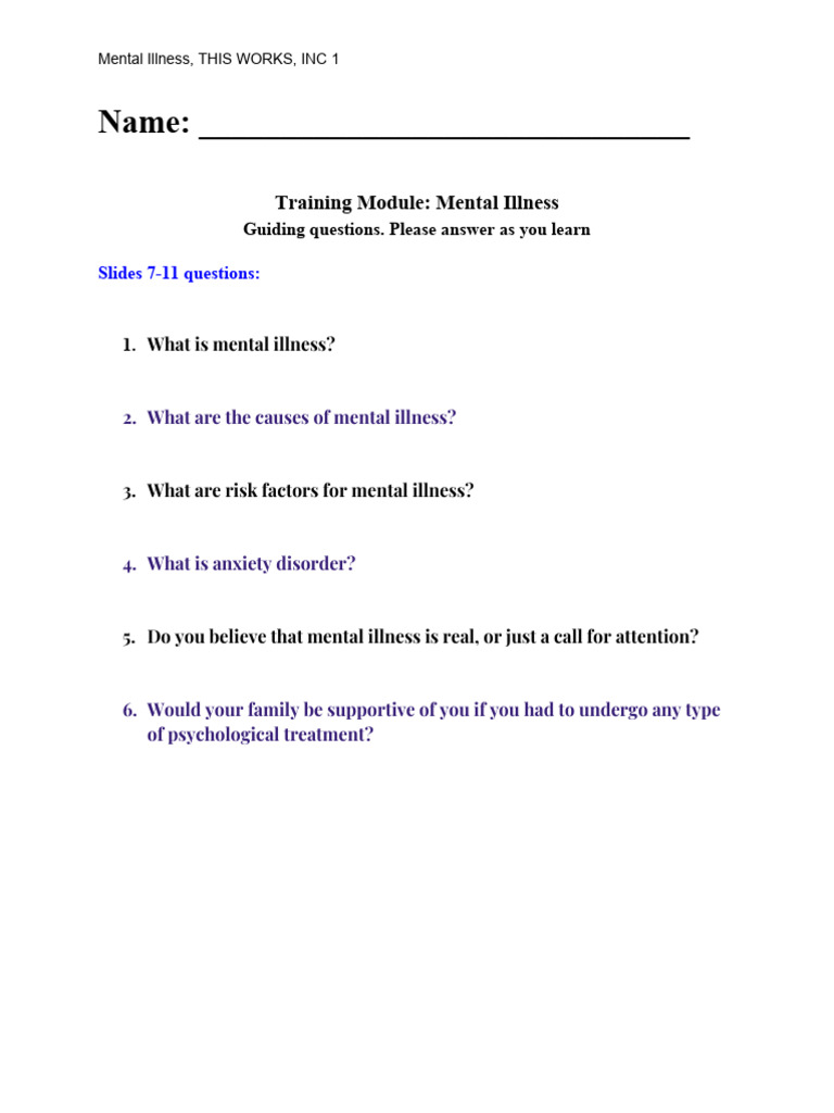 Mental Illness Worksheets | PDF