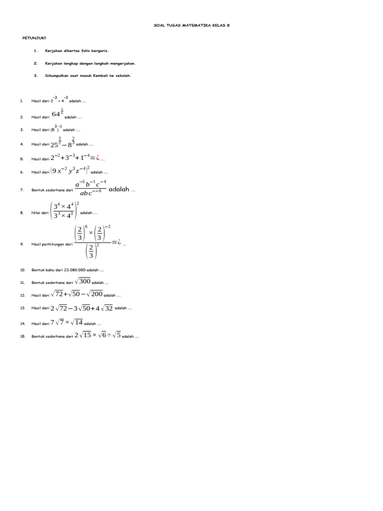Soal Tugas Matematika Kelas 8 (BDR) | PDF