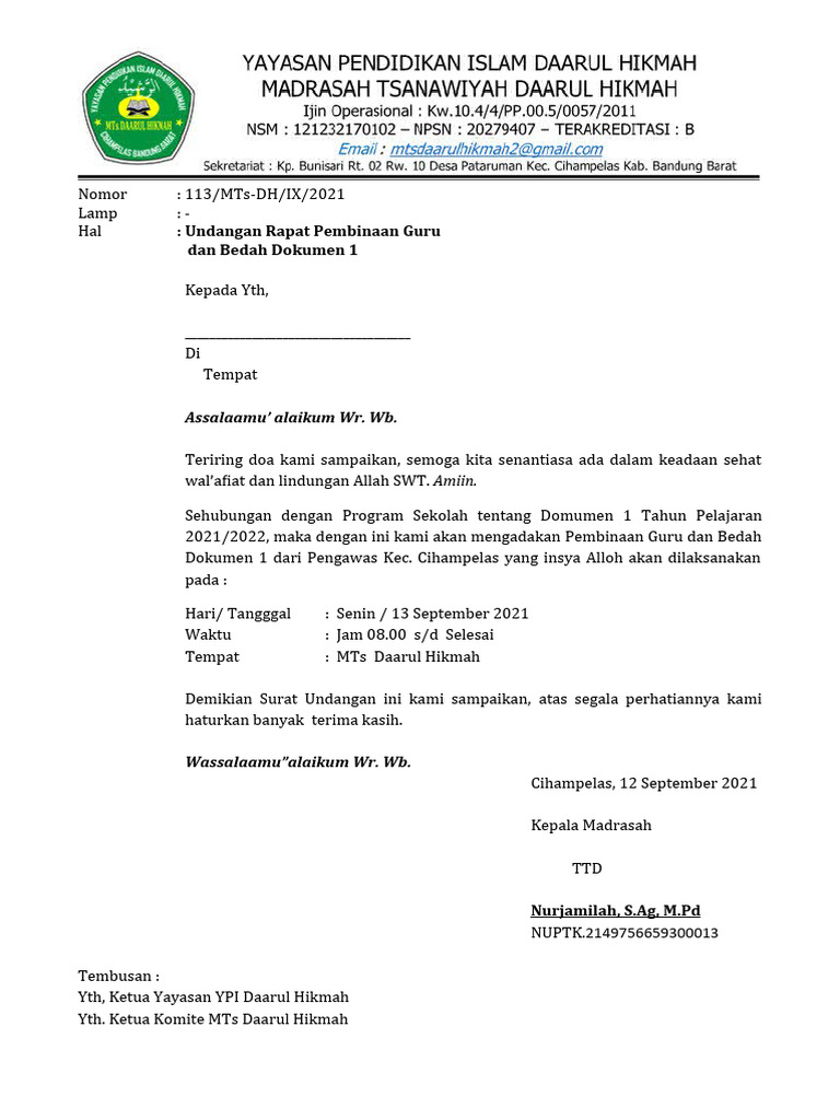 Surat Undangan Rapat Pembinaan Dokumen 1 Tapel 2021 | PDF