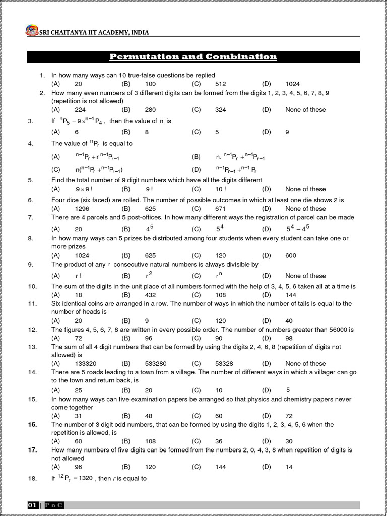 Permutation and Combination: Sri Chaitanya Iit Academy, India | PDF