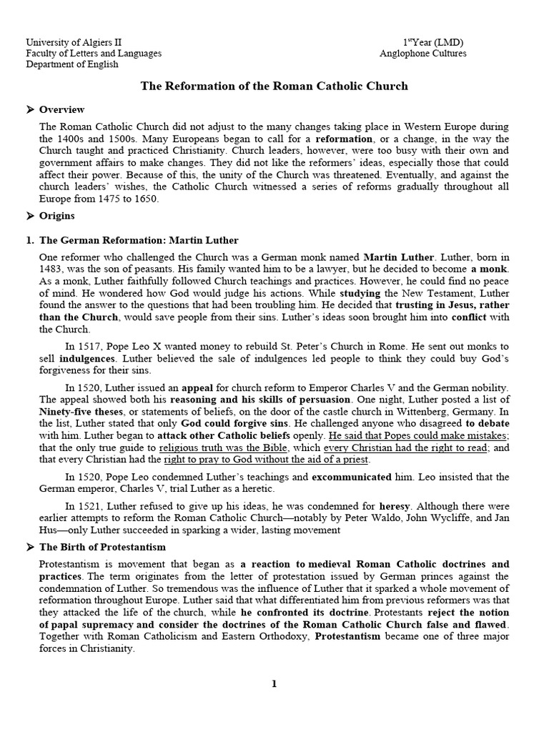 The Reformation of The Roman Catholic Church. Week 5. | PDF | Martin ...