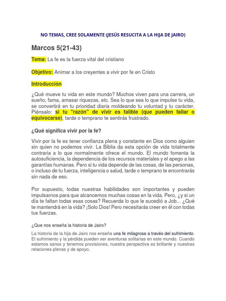Fe y esperanza en la historia de Jairo | PDF | Jesús | Fe