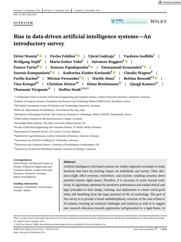 WIREs Data Min Knowl - 2020 - Ntoutsi - Bias in Data Driven Artificial Intelligence Systems An ...