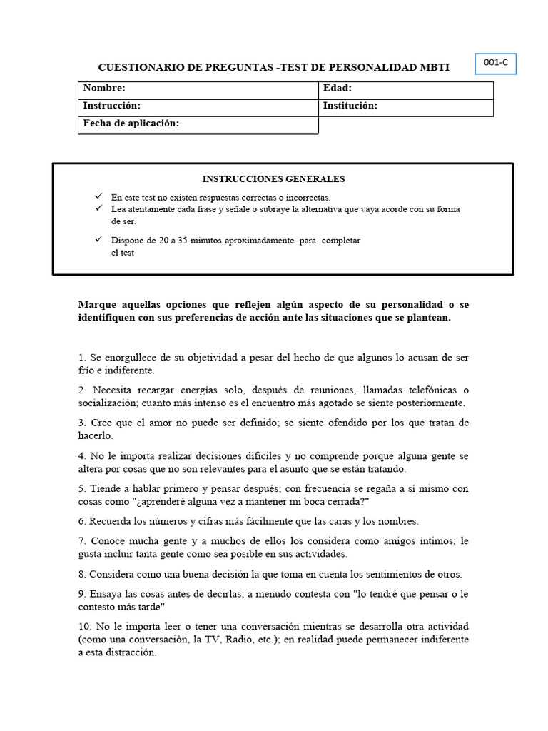 Test De Personalidad Mbti Pdf