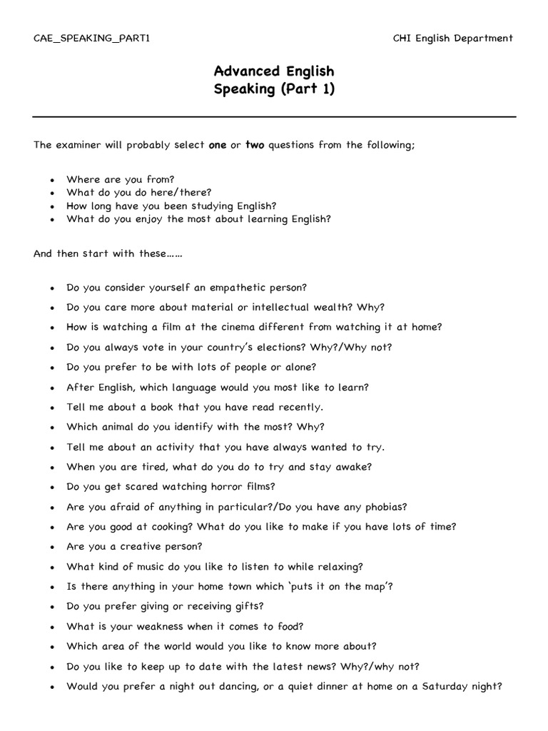 CAE Speaking Part1 | PDF
