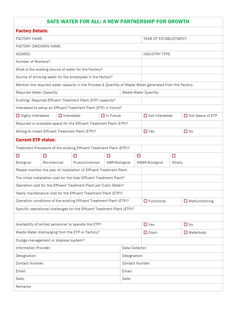 Etp-Data Collection Form-Safe Water For All | PDF | Sewage Treatment ...